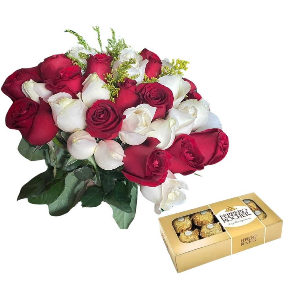 Buquê de 30 Rosas de Duas Cores e Ferrero Rocher de 8 Unidades ...